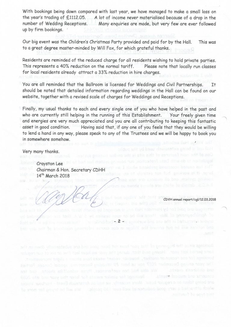 Chairmans report 2 – Charlton Down Village Hall