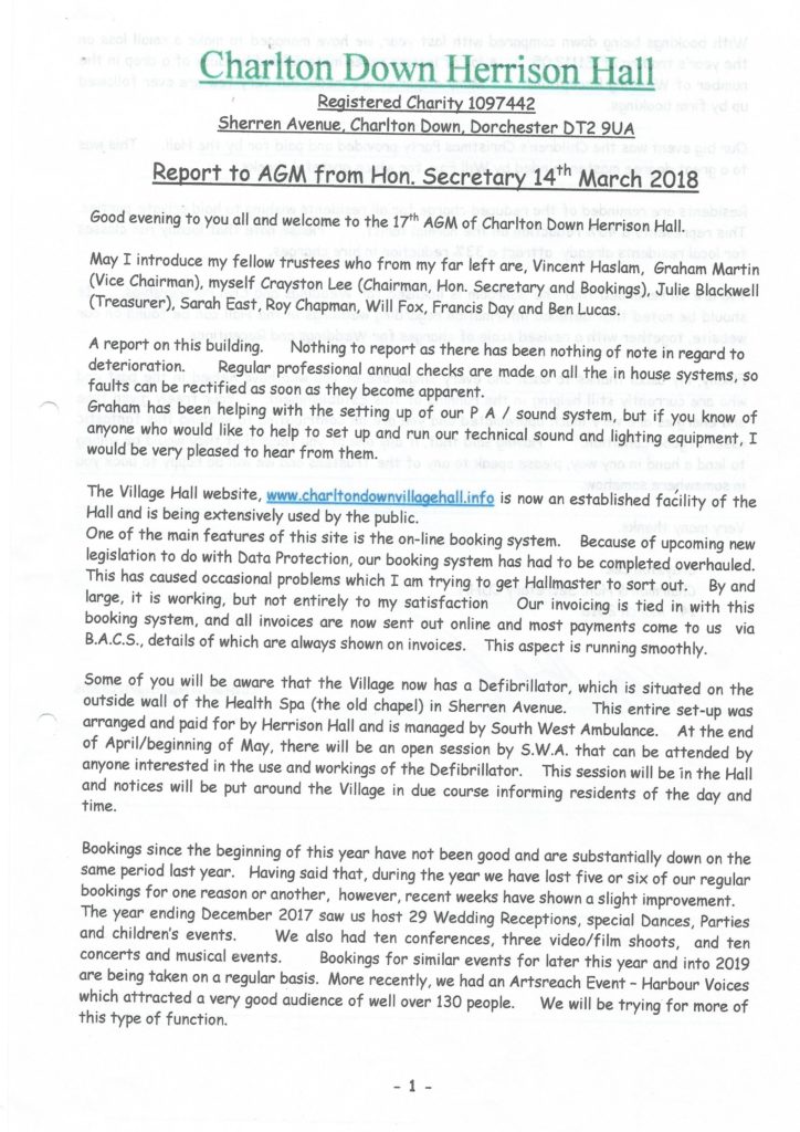 Chairmans report – Charlton Down Village Hall